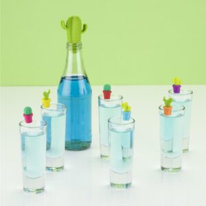 TrueZoo Cactus Wine Glass Charms and Drink Markers with Bottle Stopper - Wine Accessories - Multi Color Set of 7