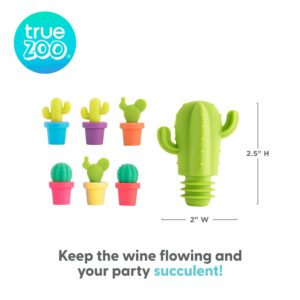 TrueZoo Cactus Wine Glass Charms and Drink Markers with Bottle Stopper - Wine Accessories - Multi Color Set of 7