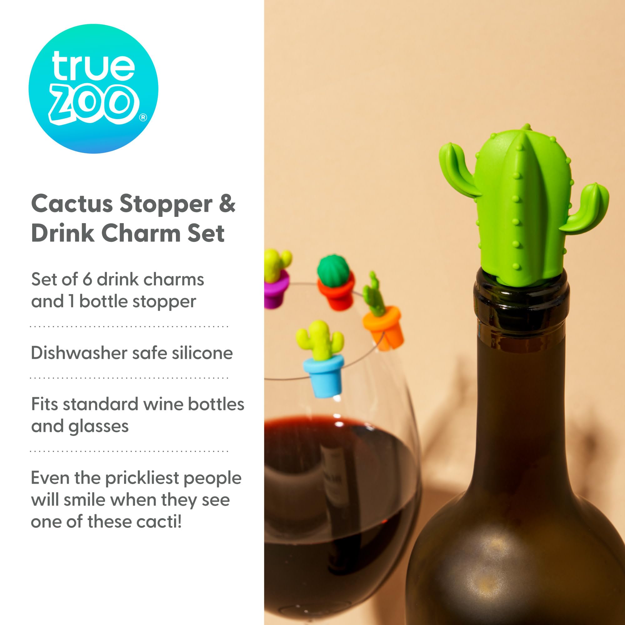 TrueZoo Cactus Wine Glass Charms and Drink Markers with Bottle Stopper - Wine Accessories - Multi Color Set of 7