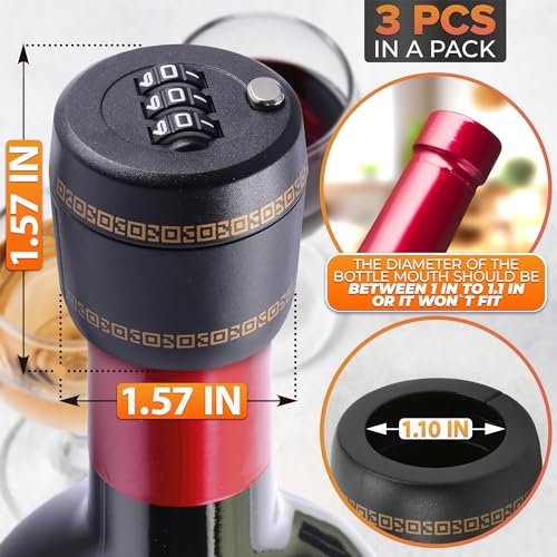 Wine Stoppers for Wine Bottles -3Pcs Combination Lock Plastic Wine Stopper Liquor Bottle Cap Reusable Wine Corks with Password Code Lock - 26mm to 28mm Black Vacuum Bottle Caps Wine Bottles Tops