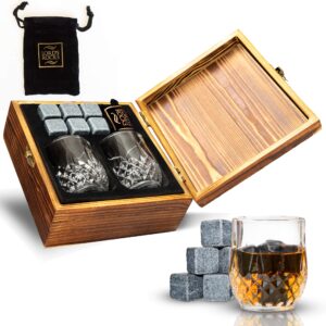 whiskey gifts for fathers day men – 6 whiskey stones 2 whiskey shot glasses 2.7 ounce wood box and velvet pouch cold stones for scotch, whiskey, bourbon, tequila, vodka, rum, wine