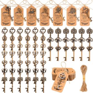 crtiin 70 pcs bridal shower key bottle opener wedding souvenir gift rustic vintage wedding favors key bottle opener wedding favor with 70 pcs tag card and rope for guests decorations(red copper)