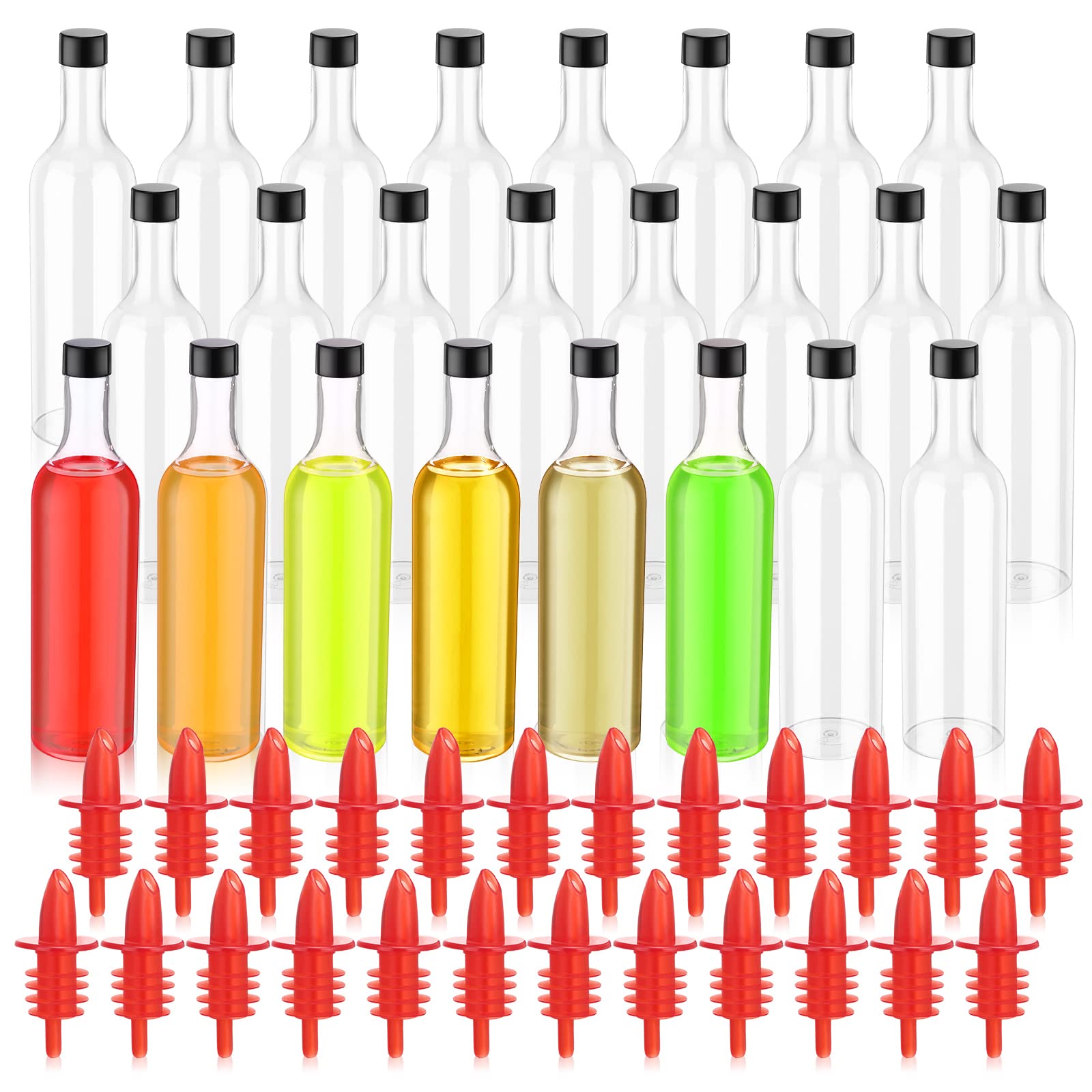 24 Pcs Long Neck Plastic Bottles with Pourer 25 oz Empty Clear Wine Bottles Plastic Liquor Bottles Plastic Pour Bottles with 24 Pourers for Home Party Bar Kitchen