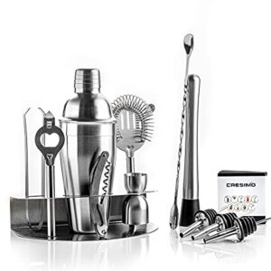 Cocktail Shaker Set with Stand- 12 Piece Stainless Steel Cocktail Set - 18oz Bar Shaker Set, Bar Tools, Perfect Cocktail Kit for Beginners or Professionals, Mixology Bartender Kit, Bar Kit - Cresimo