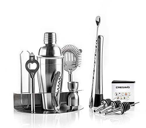 Cocktail Shaker Set with Stand- 12 Piece Stainless Steel Cocktail Set - 18oz Bar Shaker Set, Bar Tools, Perfect Cocktail Kit for Beginners or Professionals, Mixology Bartender Kit, Bar Kit - Cresimo