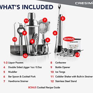 Cocktail Shaker Set with Stand- 12 Piece Stainless Steel Cocktail Set - 18oz Bar Shaker Set, Bar Tools, Perfect Cocktail Kit for Beginners or Professionals, Mixology Bartender Kit, Bar Kit - Cresimo