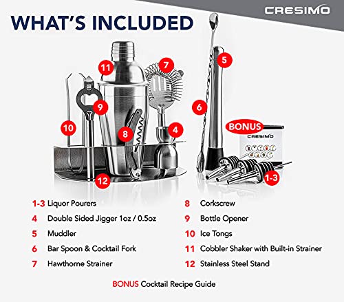 Cocktail Shaker Set with Stand- 12 Piece Stainless Steel Cocktail Set - 18oz Bar Shaker Set, Bar Tools, Perfect Cocktail Kit for Beginners or Professionals, Mixology Bartender Kit, Bar Kit - Cresimo