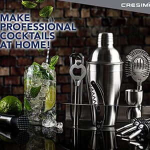 Cocktail Shaker Set with Stand- 12 Piece Stainless Steel Cocktail Set - 18oz Bar Shaker Set, Bar Tools, Perfect Cocktail Kit for Beginners or Professionals, Mixology Bartender Kit, Bar Kit - Cresimo