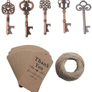 50 Pcs Copper Skeleton Key Beer Bottle Opener With 100 Pcs Thank You Card and 98 Feet Hemp Rope for Wedding Party Favors(50pcs Copper)