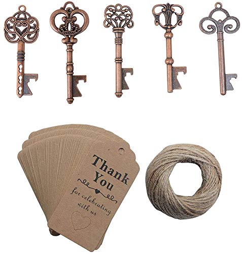 50 Pcs Copper Skeleton Key Beer Bottle Opener With 100 Pcs Thank You Card and 98 Feet Hemp Rope for Wedding Party Favors(50pcs Copper)