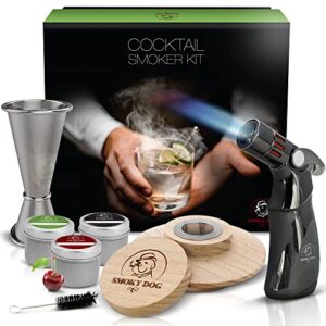 smoky dog cocktail smoker kit with torch for whiskey and old fashioned drinks, mixology bartender kit includes 3 wood chips, jigger and a premium torch, bourbon gift for men, dad, husband (no butane)