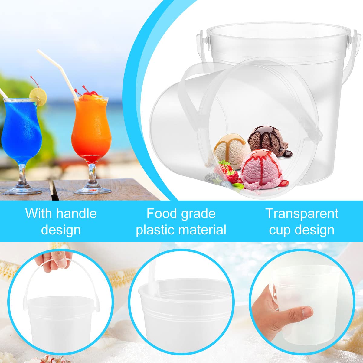 10Pcs Plastic Cocktail Buckets for Drinks, 1L 32oz Reusable Ice Bucket Smoothie Drink Buckets for Party,Liter Ice Bucket Translucent for Bar Beer,Anything but a Cup Party Ideas