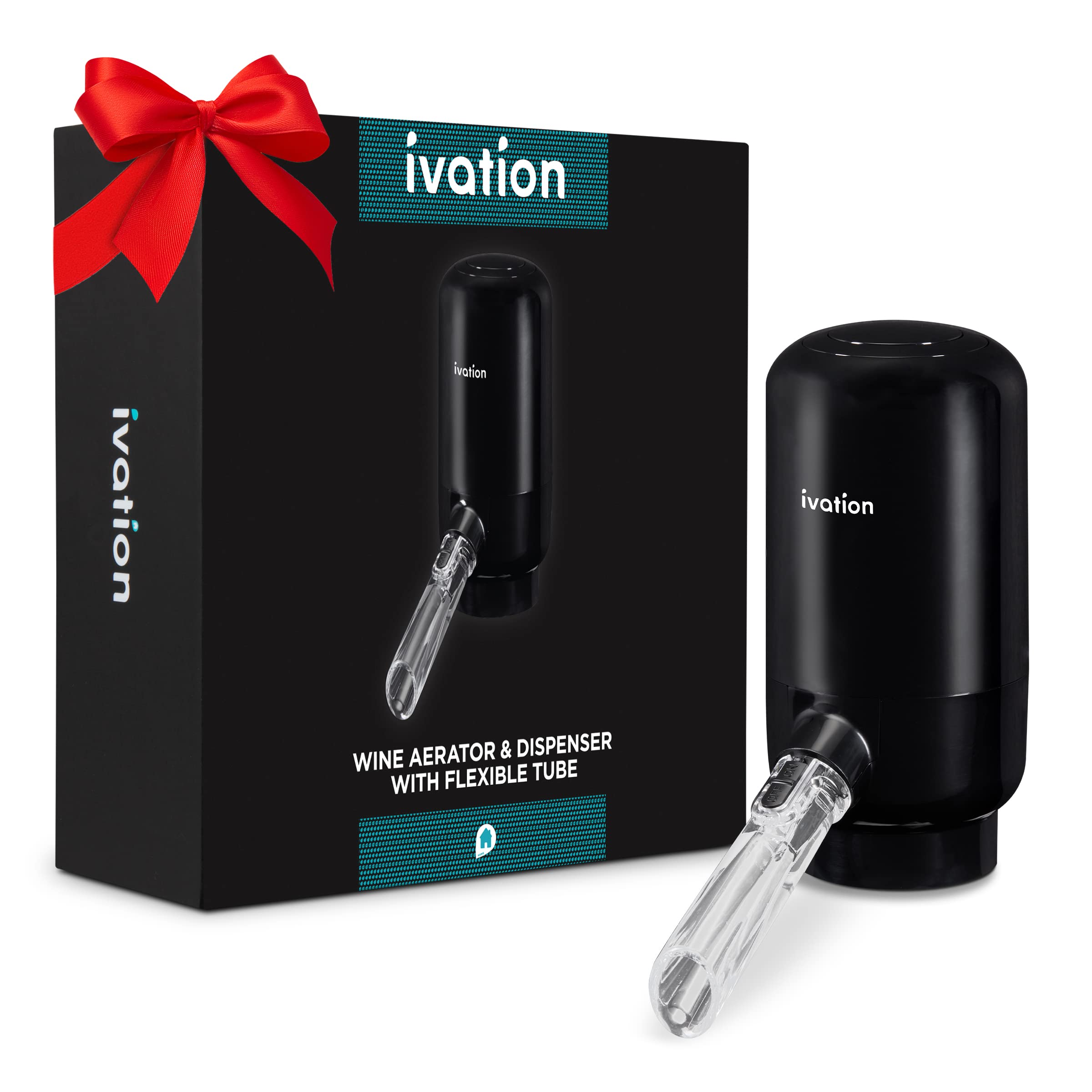 Ivation Wine Aerator & Dispenser with Flexible Tube | Electric Battery-Operated Universal Wine Bottle Spout with Automatic Button Dispenser, Aeration Control, Integrated LED Light & Removable Rod