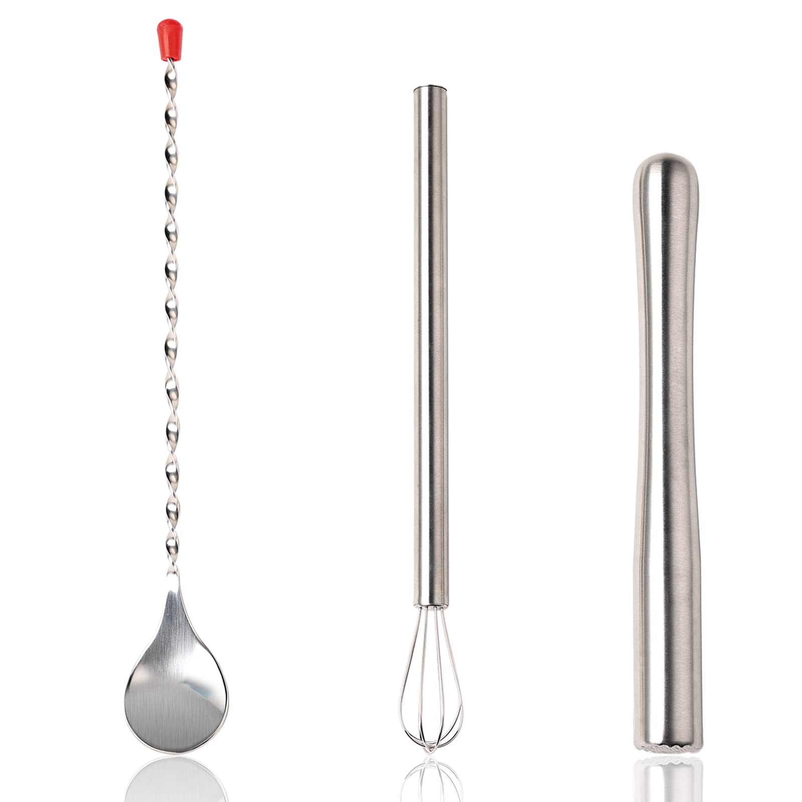 Muddler for Cocktails 3 Piece, 9" Stainless Steel Cocktail Muddler 11" Mixing Spoon and 10" Bar Whisk, Home Bar Tools Bartender Set for Cocktail, Drink, Mojito, Old Fashioned, Margaritas, Fruit Juice