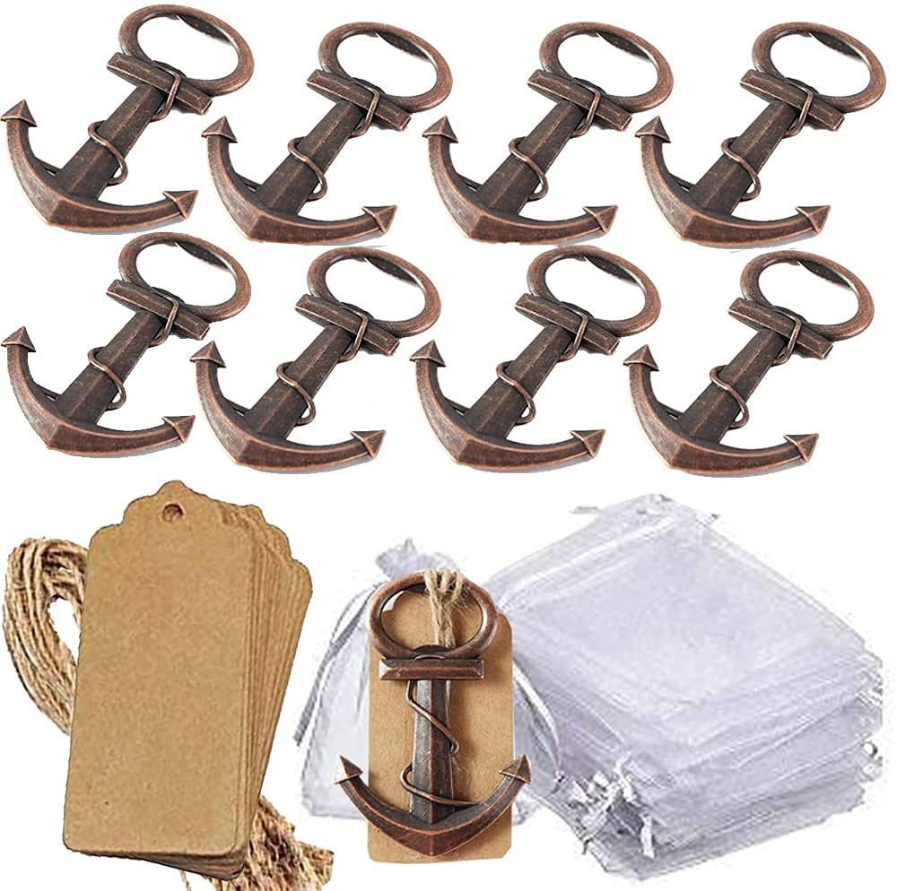 Amajoy 30 PCS Skeleton Nautical Anchor Bottle Opener with White Sheer Bag and Card for Wedding Party Favors & Decorations Baby Shower