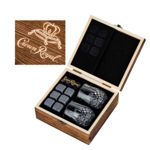 Whiskey Gifts Fathers Day for Men Crown Royal Bourbon Glass and Stone Set | Wooden Box Set of 2 2.7 oz Glasses with 6 Whiskey Rocks Chilling Stones | Velvet Crown Royal Pouch Included Compatible