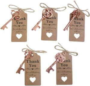 50pcs rose gold skeleton key beer bottle opener with 100 pcs thank you card and 98 feet hemp rope for wedding party favors