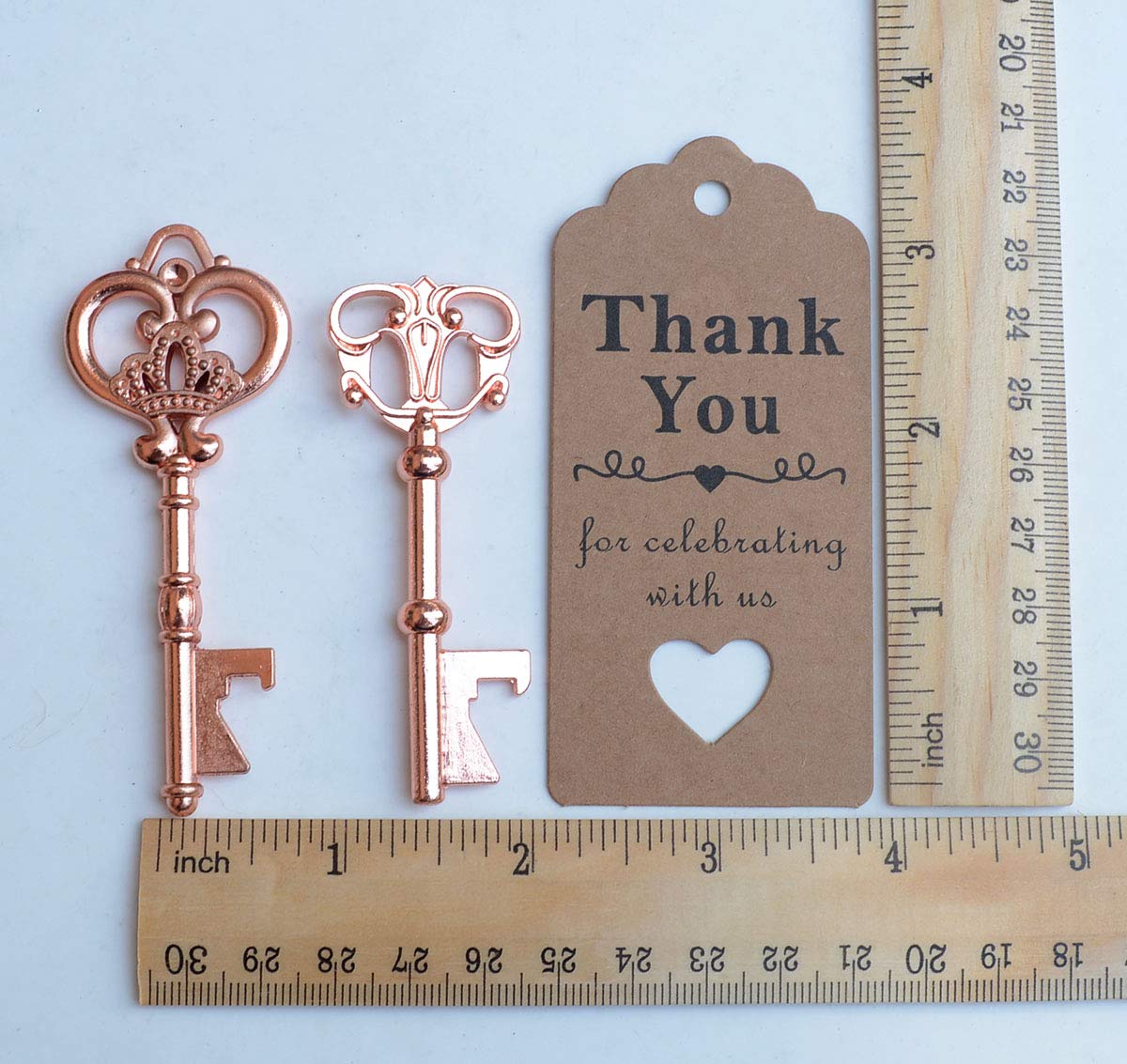 50pcs Rose Gold Skeleton Key Beer Bottle Opener With 100 Pcs Thank You Card and 98 Feet Hemp Rope for Wedding Party Favors