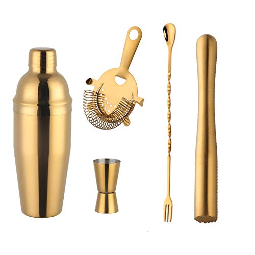 Buyerstar Bar Set 5-Piece Mixology Bartender Kit - Cocktail Shaker Set Bar Tool Set for Home and Professional Bartending - Martini Shaker and Drink Mixing Bar Tools - Cocktail Kit(GOLD)