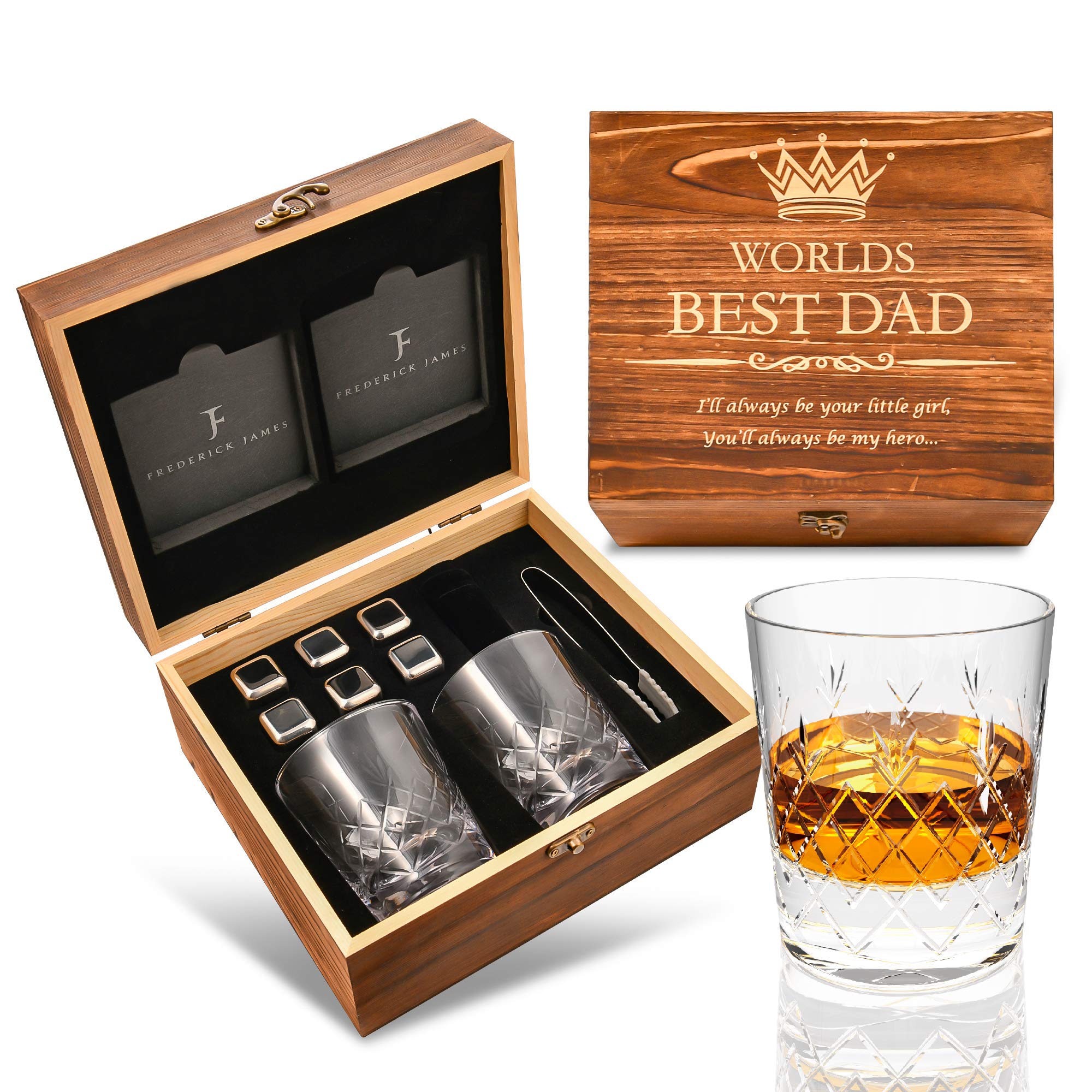 FJ FREDERICK JAMES Gifts for Dad from Daughter - Engraved 'Worlds Best Dad. You'll Always be my Hero' Whiskey Glass Set I Dad Birthday Gift I Dad Gifts from Daughter