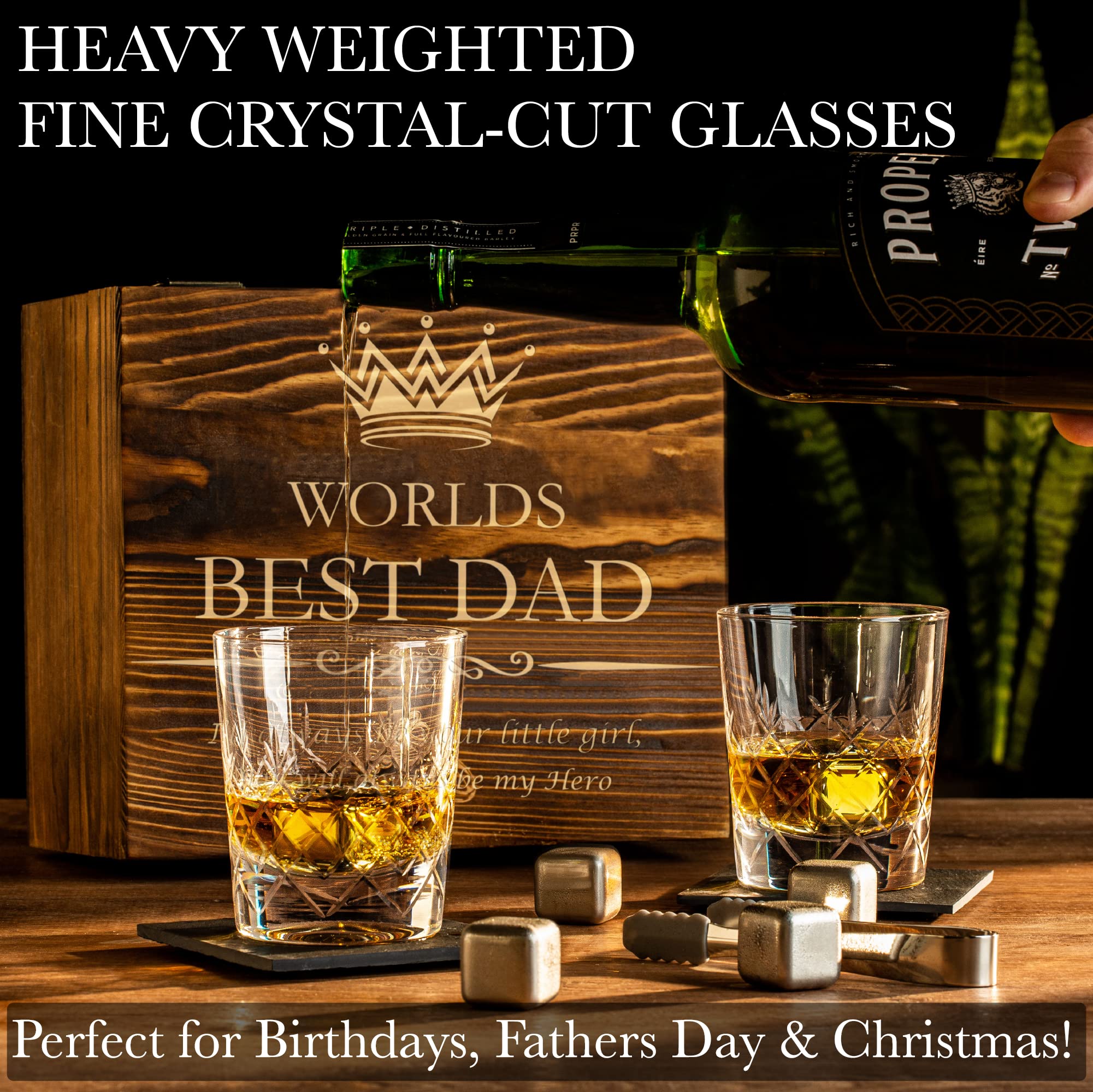 FJ FREDERICK JAMES Gifts for Dad from Daughter - Engraved 'Worlds Best Dad. You'll Always be my Hero' Whiskey Glass Set I Dad Birthday Gift I Dad Gifts from Daughter