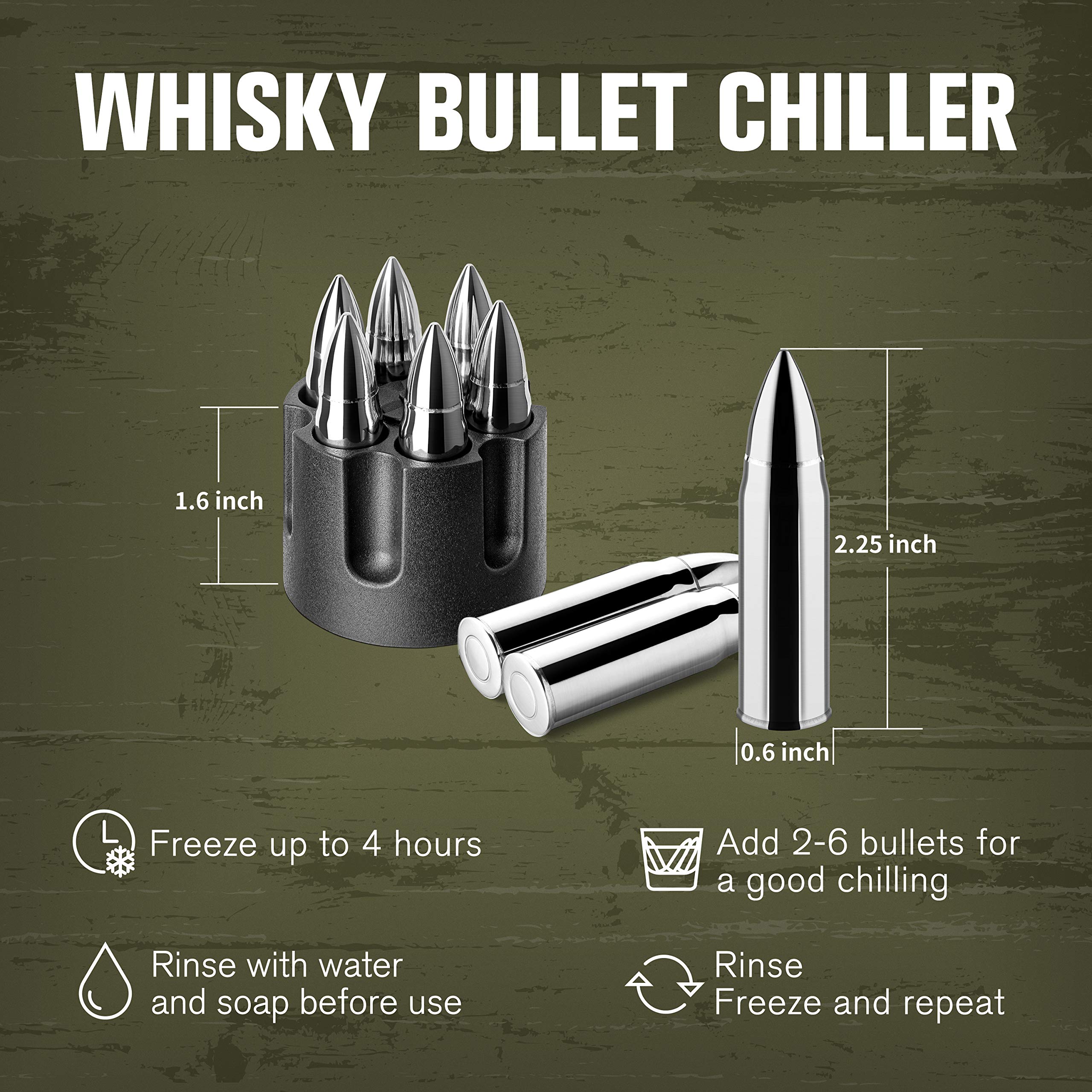 Whiskey Bullet Stones, Stainless Steel Whisky Rocks, Reusable ice cube Metal Ice, Gifts for Men Dad, Christmas Stocking Stuffer, Whiskey Stones Rocks Bullet Shaped Ice Cubes (Standard Packing)