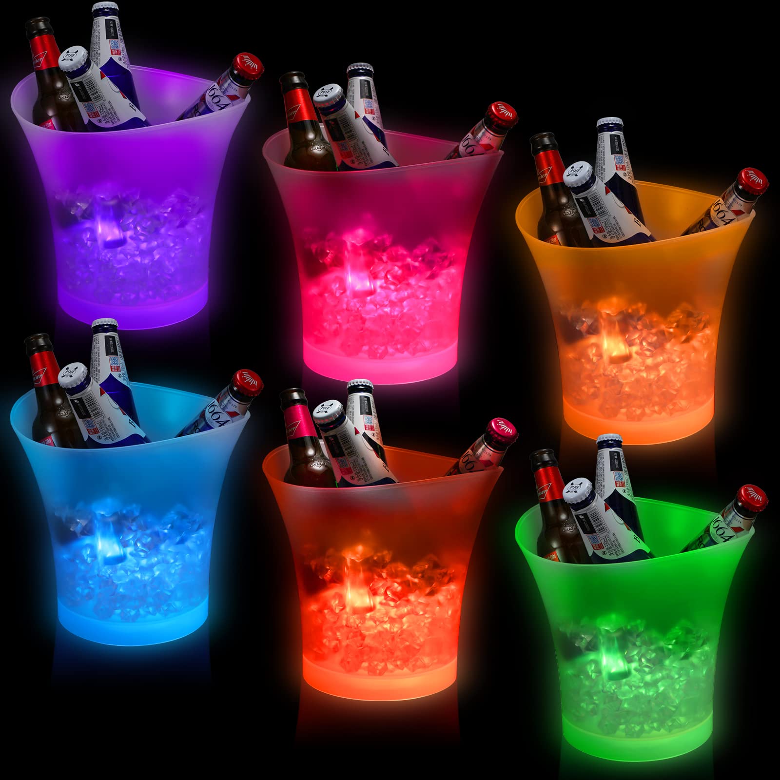 6 Pcs LED Ice Bucket Bulk 5L Large Capacity Wine Light Ice Bucket Drink Container with 7 Color Glowing Champagne Bucket Beer Wine Cooler Bucket for Party Bars Restaurant Home, Battery Powered