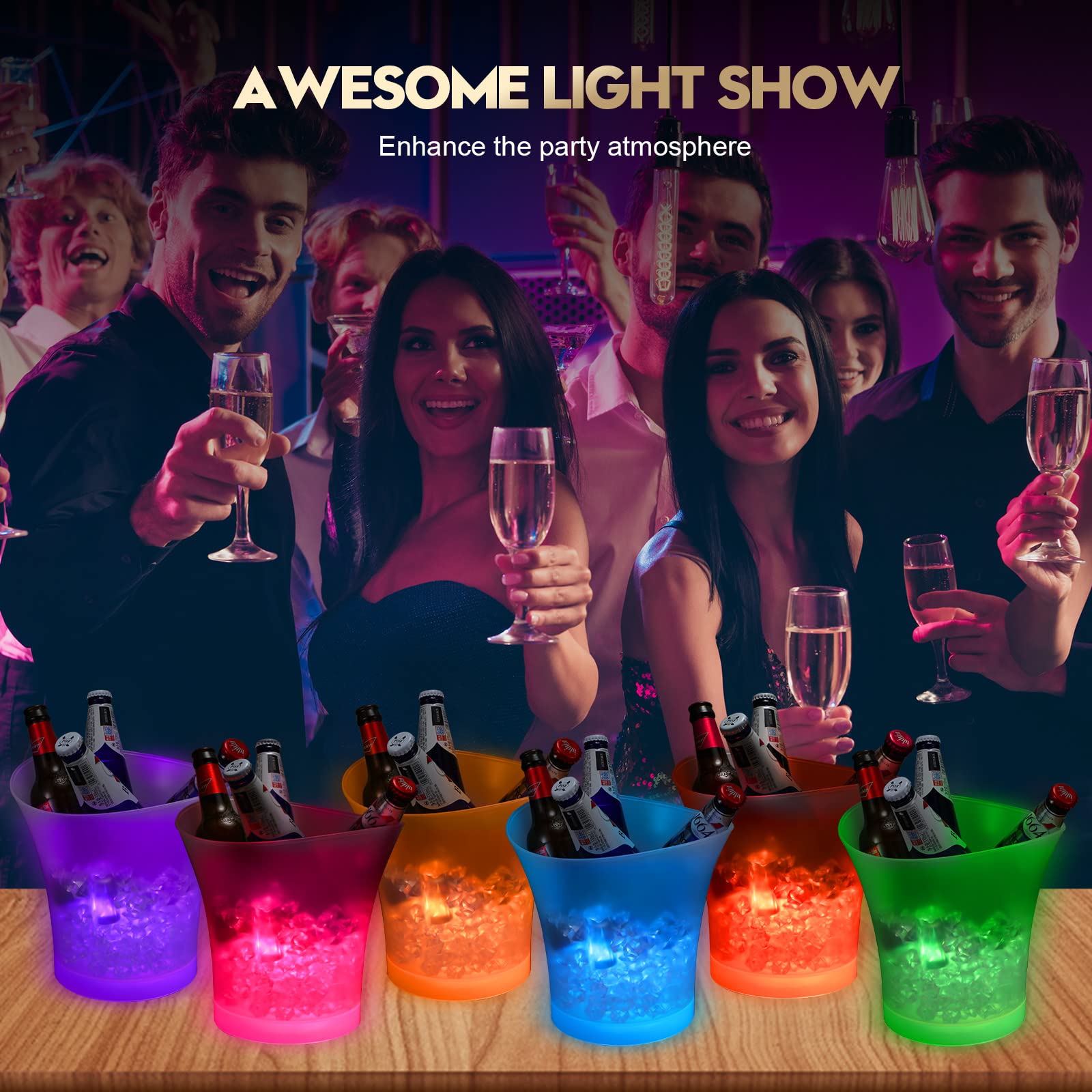 6 Pcs LED Ice Bucket Bulk 5L Large Capacity Wine Light Ice Bucket Drink Container with 7 Color Glowing Champagne Bucket Beer Wine Cooler Bucket for Party Bars Restaurant Home, Battery Powered