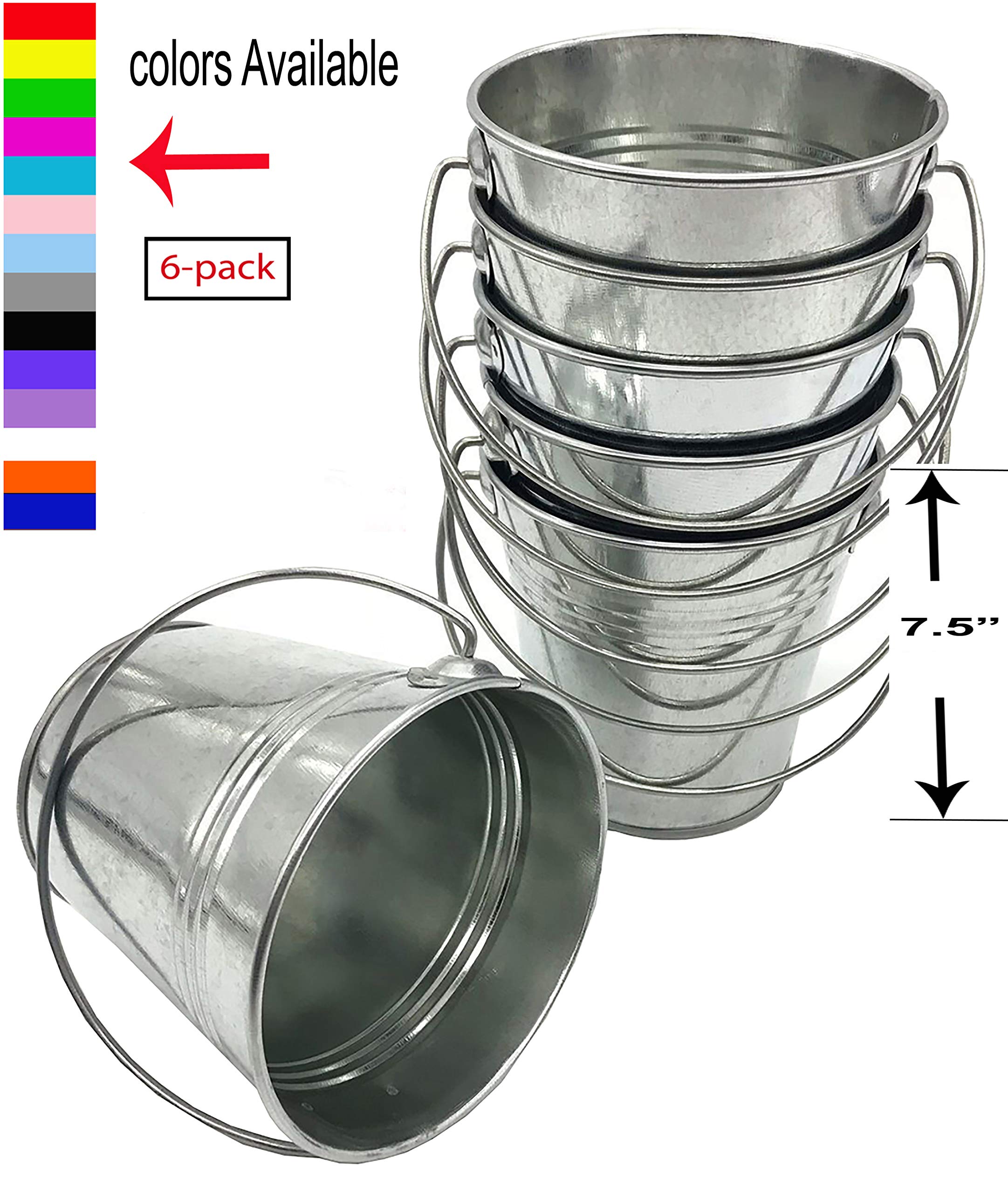 ITALIA 6 Pack,Size 7.5 x 7.5" H, Color Galvanized, Quality Metal Bucket,3.7 Quart 6-Pack