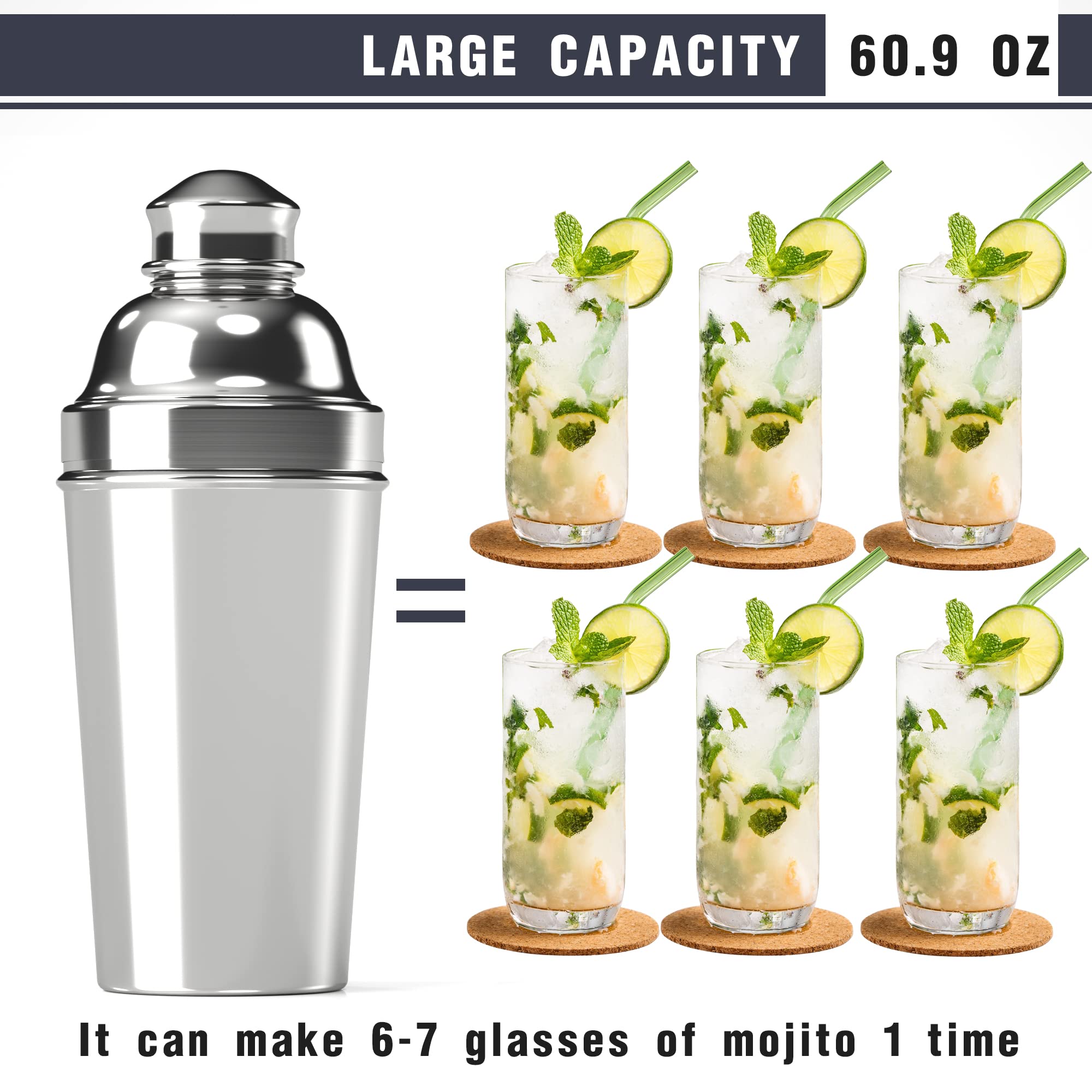 Cocktail Shaker 60 oz Stainless Steel Professional Martini Shaker Large Drink Shaker with Strainer for Bartending Bartender Shaker Margarita Mixer