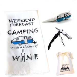 jtec camper wine stopper bundle set - camper rv wine stopper bottle topper, camping kitchen towel, and professional corkscrew vintage camper décor - wine bottle stopper bundle set