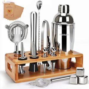 mooues 18-piece bartender kit, stainless steel cocktail shaker set with bamboo stand, bar cart accessories with all essential bar tools, bar sets for the home, cocktail set for gift