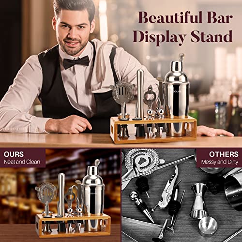 Mooues 18-Piece Bartender Kit, Stainless Steel Cocktail Shaker Set with Bamboo Stand, Bar Cart Accessories with All Essential Bar Tools, Bar Sets for The Home, Cocktail Set for Gift