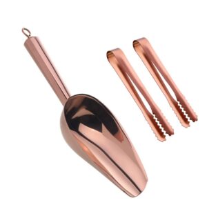 mingcheng stainless steel ice scoop and ice tongs small, round bottom bar ice utility scoop, 6 inches serving tongs with teeth for large cubes, freezer, ice bucket copper, set of 3 (rose gold)