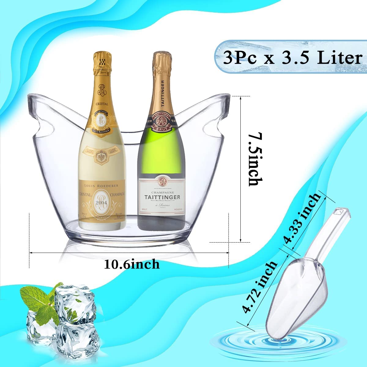 3 Pcs Ice Bucket for Parties Champagne Drink Plastic Acrylic Bucket for Cocktail Mimosa Bar Beverage Tub with Scoops for Champagne or Beer Bottle (3.5 Liter)