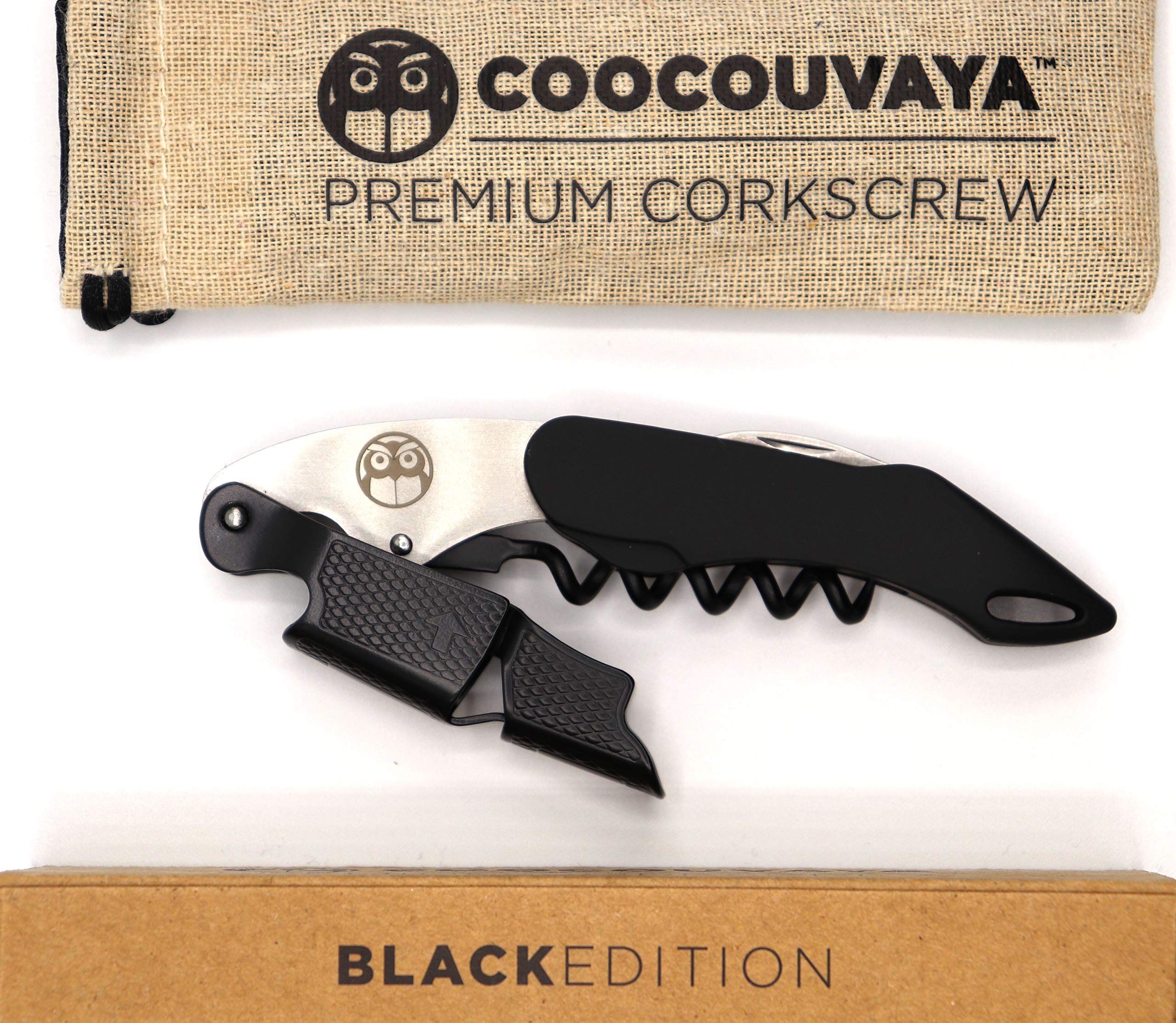 Coocouvaya Wise Products Premium Professional Corkscrew Wine Bottle Opener Black Edition for Wine Lovers, Sommeliers, Waiters and Bartenders Eco friendly pouch and packaging.(1 PACK)