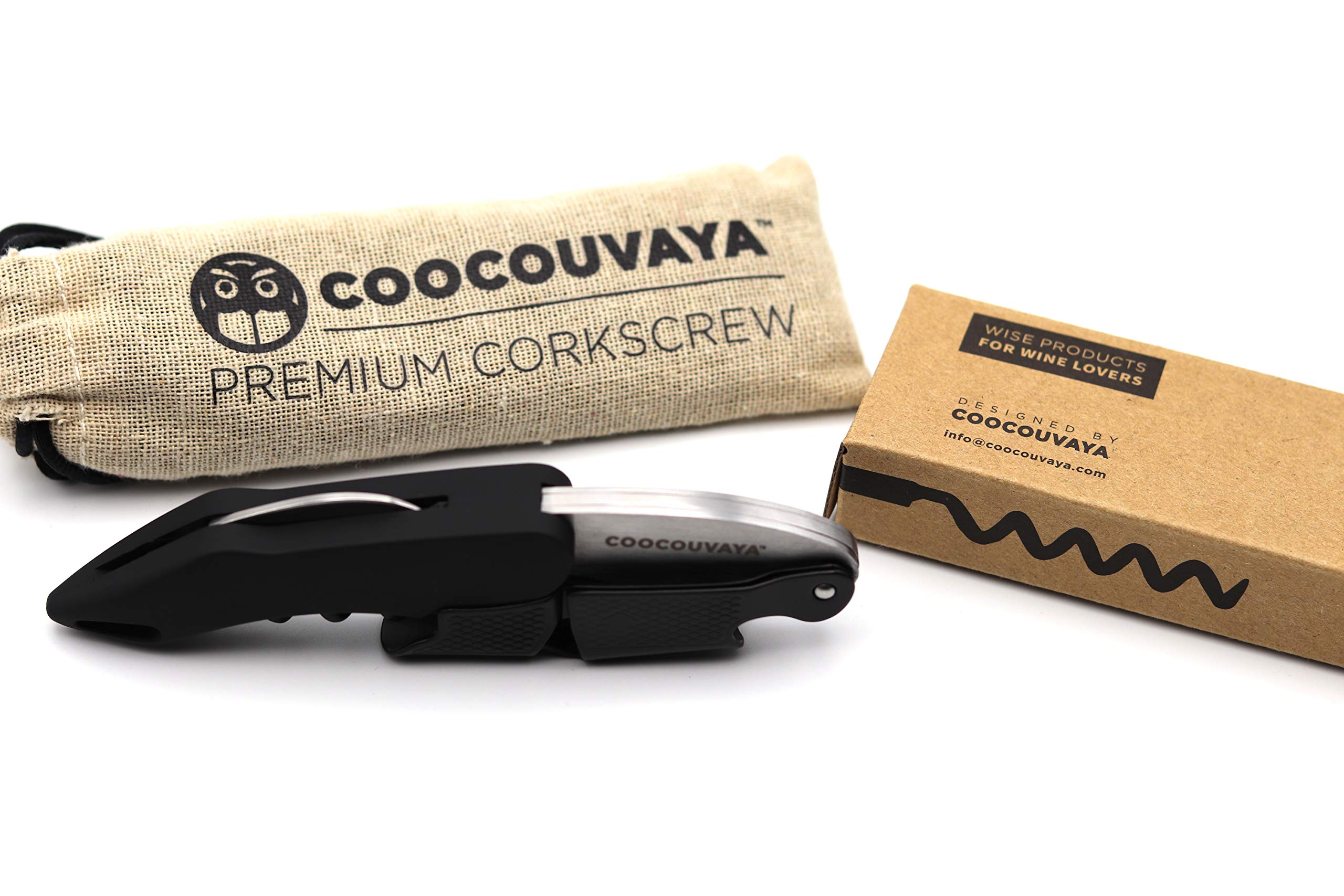 Coocouvaya Wise Products Premium Professional Corkscrew Wine Bottle Opener Black Edition for Wine Lovers, Sommeliers, Waiters and Bartenders Eco friendly pouch and packaging.(1 PACK)