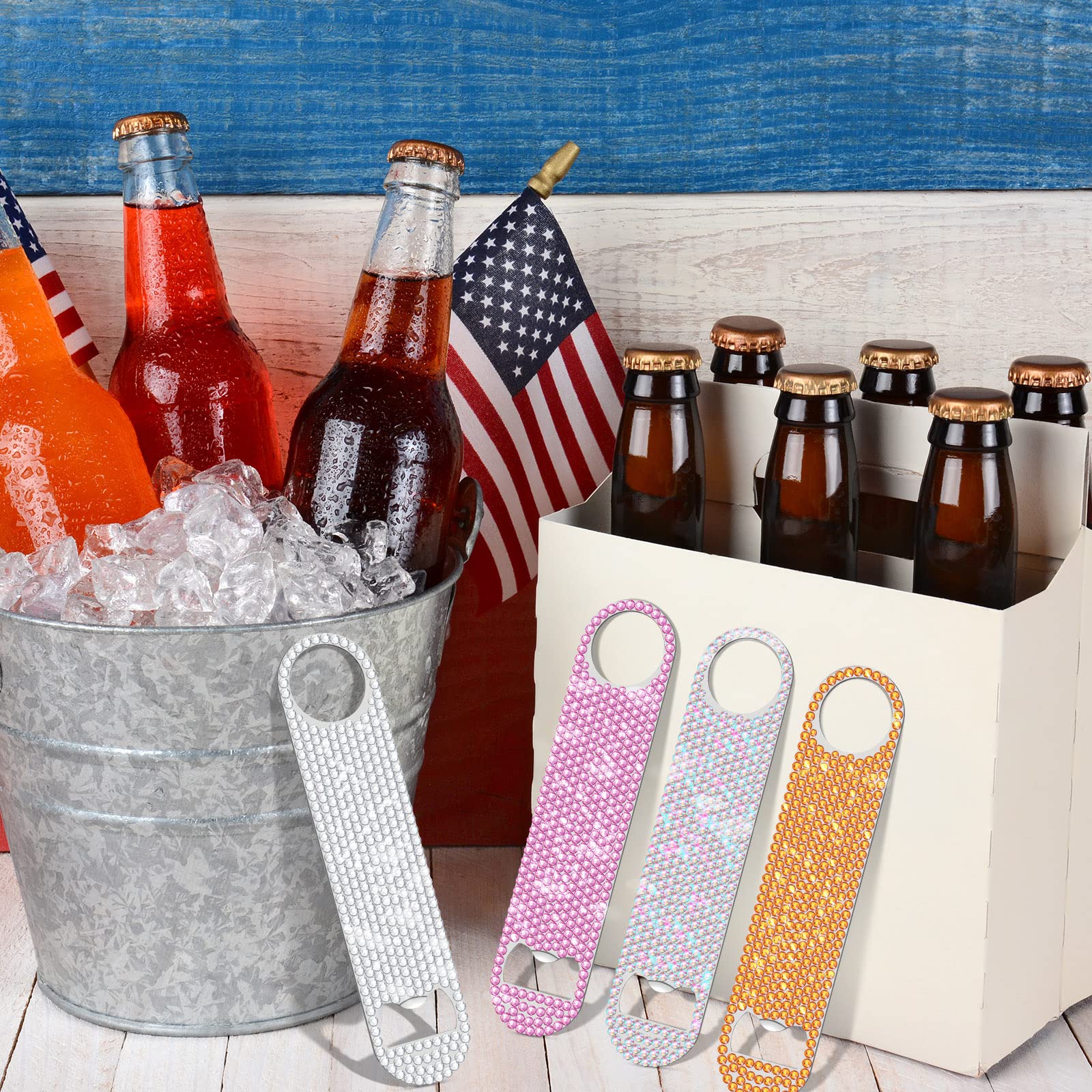 4 Pcs Glitter Bottle Opener Flat Bottle Opener Stainless Steel Beer Bottle Opener Bar Key Bottle Opener for Bartender Friends Rhinestone Bling Beer Opener for Soda Beer Wine Can (Modern Colors)