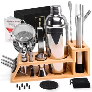 28pcs cocktail shaker set bartender kit with bamboo stand, stainless steel martini shaker and jigger, bartending bar tool set with velvet carry bag & recipe book for drink mixing, home, bar, party