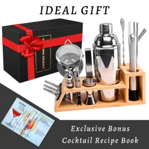 28Pcs Cocktail Shaker Set Bartender Kit with Bamboo Stand, Stainless Steel Martini Shaker and Jigger, Bartending Bar Tool Set with Velvet Carry Bag & Recipe Book for Drink Mixing, Home, Bar, Party