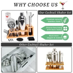 28Pcs Cocktail Shaker Set Bartender Kit with Bamboo Stand, Stainless Steel Martini Shaker and Jigger, Bartending Bar Tool Set with Velvet Carry Bag & Recipe Book for Drink Mixing, Home, Bar, Party