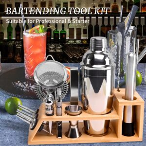 28Pcs Cocktail Shaker Set Bartender Kit with Bamboo Stand, Stainless Steel Martini Shaker and Jigger, Bartending Bar Tool Set with Velvet Carry Bag & Recipe Book for Drink Mixing, Home, Bar, Party