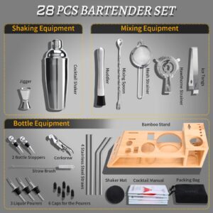 28Pcs Cocktail Shaker Set Bartender Kit with Bamboo Stand, Stainless Steel Martini Shaker and Jigger, Bartending Bar Tool Set with Velvet Carry Bag & Recipe Book for Drink Mixing, Home, Bar, Party