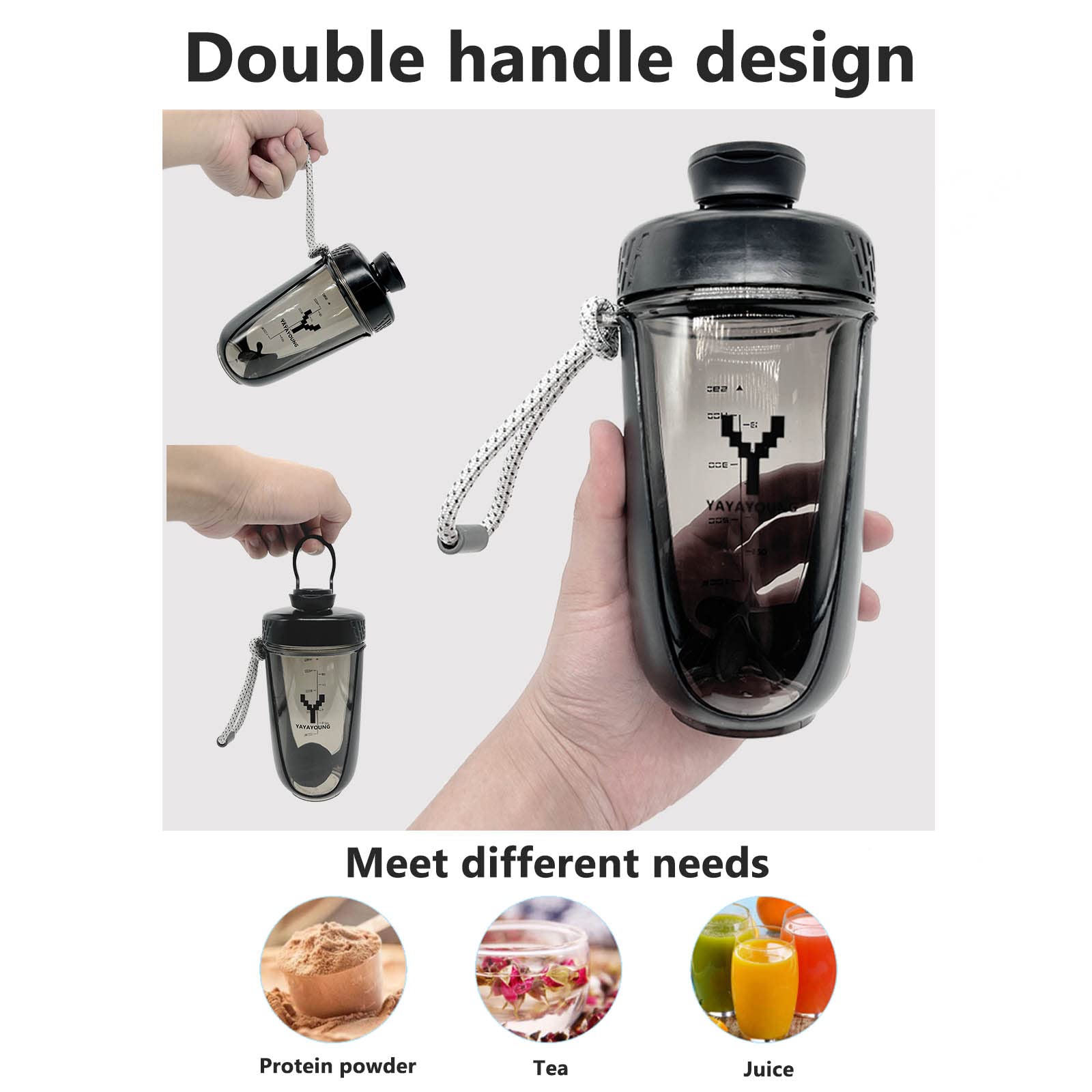 YAYAYOUNG Protein Shaker Bottle,16-OZ/500ML Shaker Bottle with protein shaker ball,Protein Shakes Cup,Shaker Bottle for Protein Mixes,Free of BPA plastic,Black