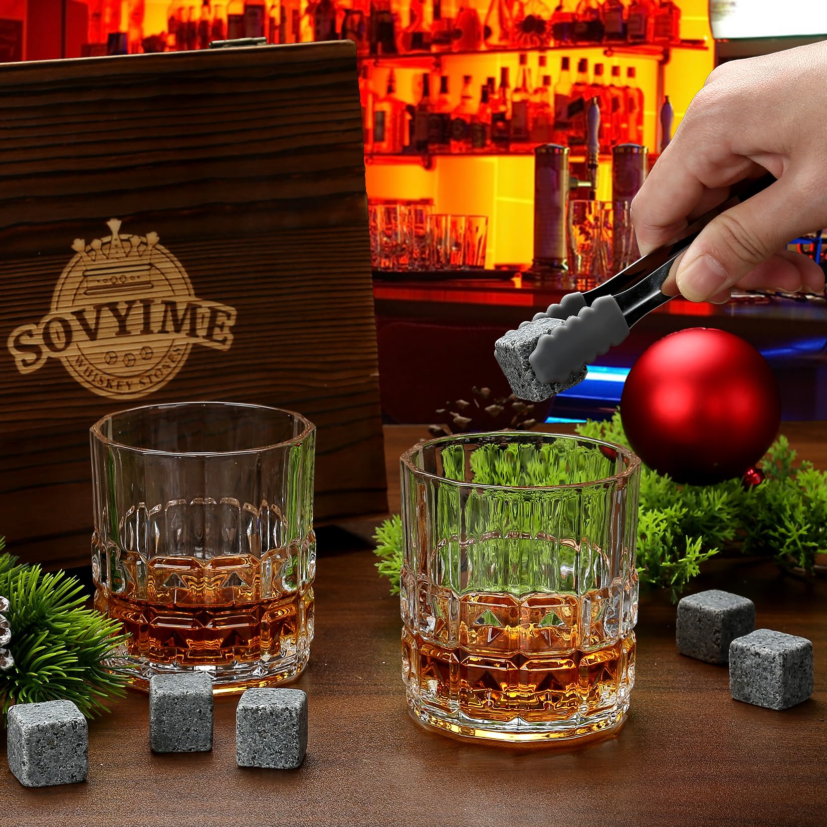 Sovyime Whiskey Stones Gifts for Men, Groomsmen Gifts, Granite Chilling Stones Bourbon Whiskey Glasses Set, Unique Birthday Gifts for Men Christmas Father's Day Valentine Retirement