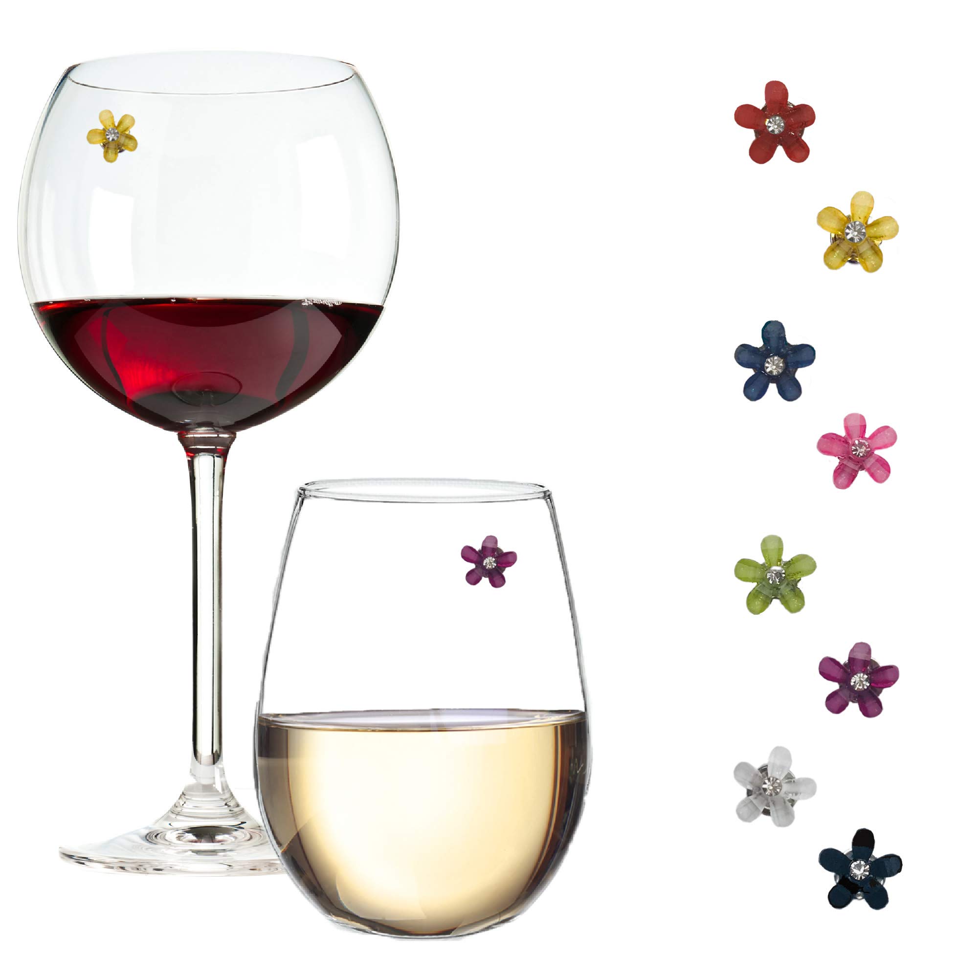 Petite Flower Magnetic Wine Glass Charms - Set of 8 Drink Marker Magnets for Regular or Stemless Glasses by Simply Charmed