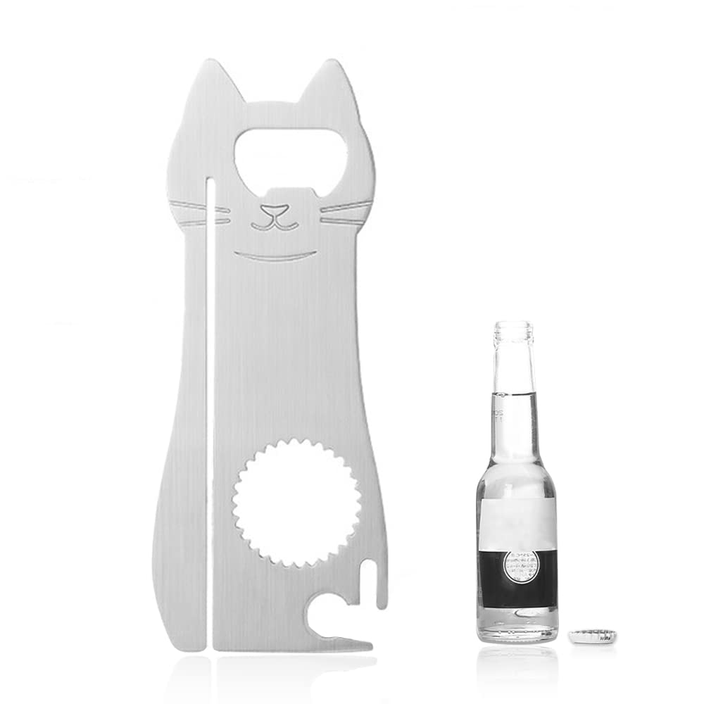 Animal Cat Shape Bottle Opener, 6 Inch Stainless Steel Flat Bottle Opener, 5 in 1 Beer Bottle Opener, Cartoon Cat Animal Cap Opener