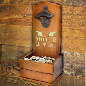 Customized and Engraved Wooden Wall Mounted Beer Soda Bottle Opener with Built in Cap Catcher - Classic Style (Red/Brown)