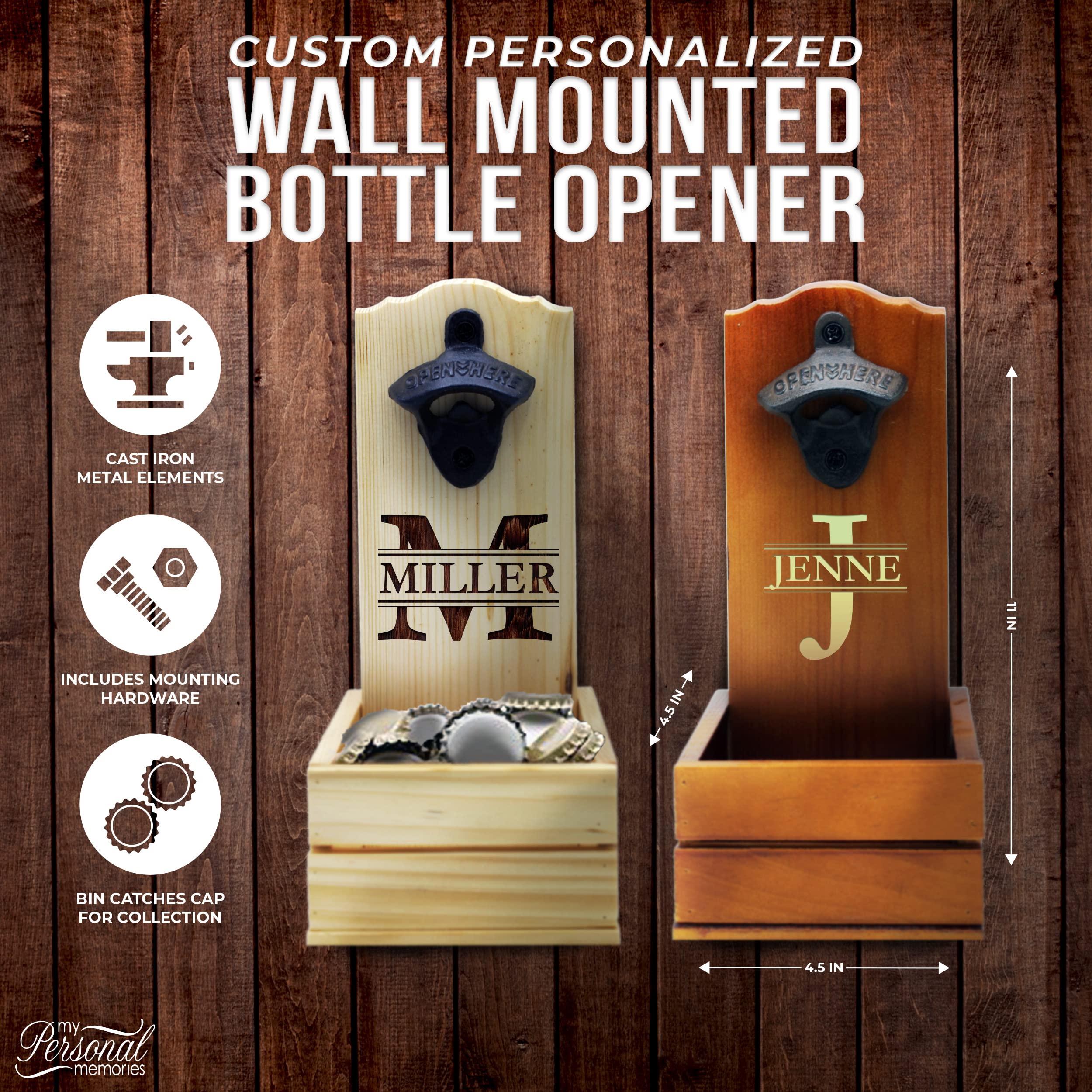 Customized and Engraved Wooden Wall Mounted Beer Soda Bottle Opener with Built in Cap Catcher - Classic Style (Red/Brown)