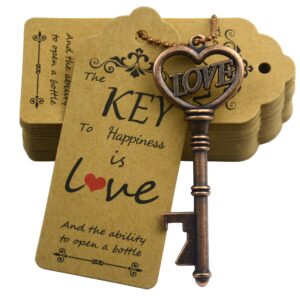 makhry 52pcs vintage skeleton key bottle opener with love heart escort thank you tags and keychain as wedding favor for wedding guest wedding decor (antique copper)